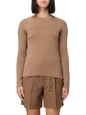 Max Mara Slim Fit Pure Virgin Wool Crewneck Jumper With Tonal Logo - Camel