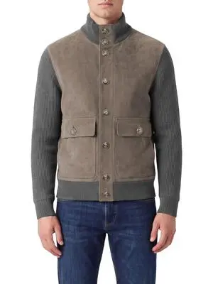 Brunello Cucinelli Suede Calfskin Bomber Jacket With Knit Details - Grey