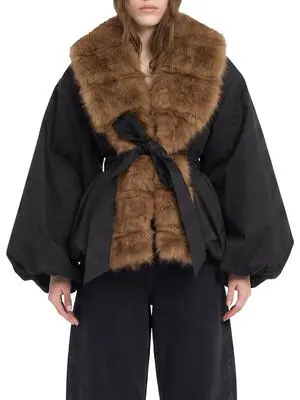 ROTATE BY BIRGER CHRISTENSEN Faux Fur Trimmed Belted Coat - Black