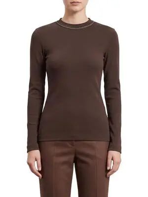 Brunello Cucinelli Long-sleeved Cotton T-shirt With Monili Embroidery Brown