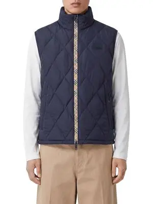 Burberry Quilted And Padded Nylon Gilet With High Neck And Zip Closure - Navy
