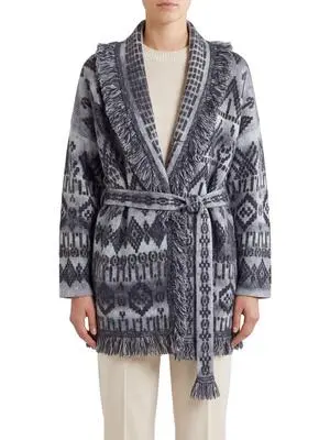 Alanui Jacquard Virgin Wool Shawl Collar Fringe Cardigan - Grey