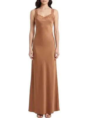 FORTE_FORTE Long Satin Slip Dress With Lace Inserts - Brick Red