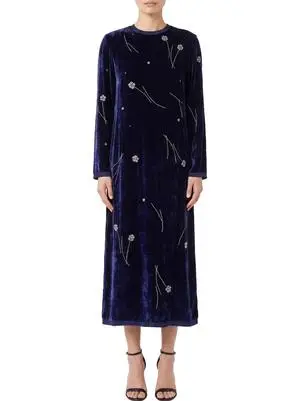 FORTE_FORTE Floral Embroidered Velvet Midi Tunic With Beads - Blue