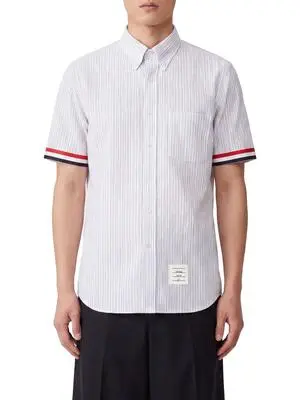 Thom Browne Striped Short-sleeve Shirt With Button-down Collar - Grey
