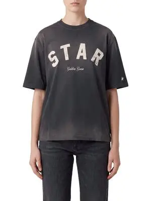 GOLDEN GOOSE Cotton Crewneck T-shirt With Distressed Logo - Black