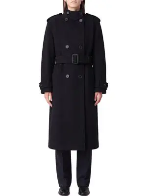 Chloé Long Double-breasted Virgin Wool Coat With Belt And High Neck - Black