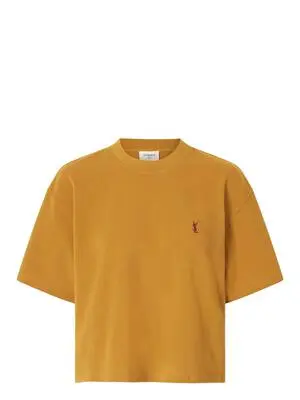 Saint Laurent Cassandre-embroidered Cotton-piqué T-shirt Brown