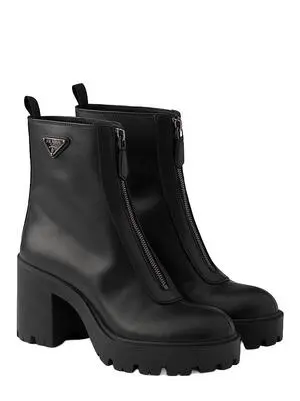 Prada Leather Ankle Boots With Zipper - Black
