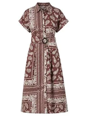 YUMI Scarf Print Midi Shirt Dress - Brown