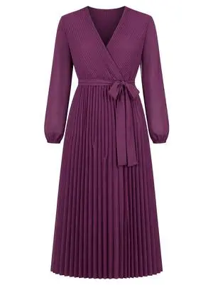 YUMI Pleated Wrap Midi Dress - Purple