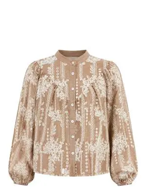 YUMI Embroidered Floral Relaxed Shirt - Brown