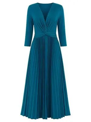 YUMI Teal Stretch Wrap Pleated Midi Dress - Blue