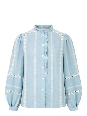 YUMI Cotton Embroidered Panel Shirt - Blue