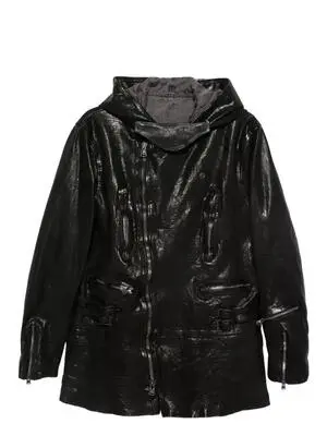 Yohji Yamamoto Hooded Crinkled Leather Coat - Black