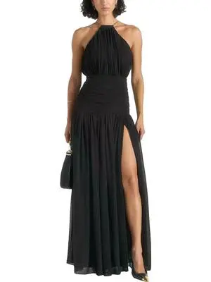 Manière De Voir Fabienne In Metallic Ruched Halterneck Maxi Dress - Black