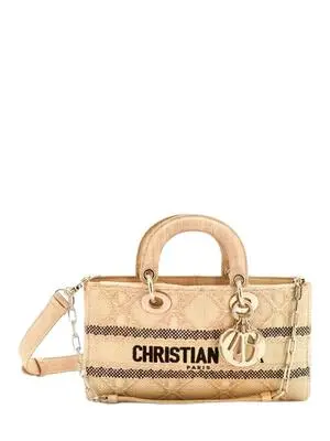 Dior Lady D-joy Bag Cannage Embroidered Raffia Medium Tote Bag - Black