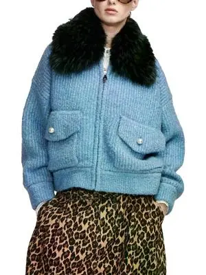 Essentiel Antwerp Faux-fur Collar Ribbed-knit Jacket - Blue