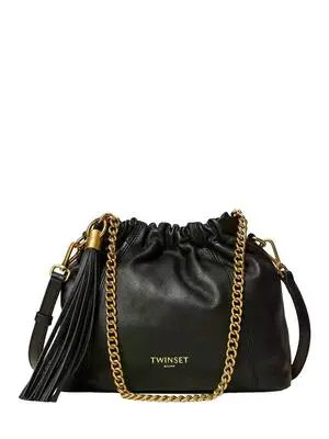 TWINSET Leather Shoulder Bag With Ruching - Black