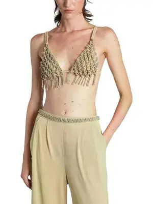 HIBOURAMA Triangle Embroidered Fringed Top - Green
