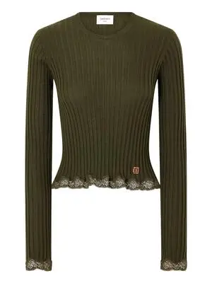 Saint Laurent Lace-trimmed Ribbed Wool, Cashmere And Silk-blend Knitwear - Green