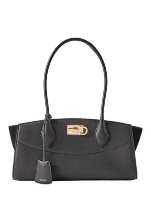 FERRAGAMO Studio East West Suede-trimmed Textured-leather Shoulder Bag - Black