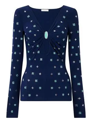 Rabanne Cut-out Embellished Stretch-jersey Top - Navy