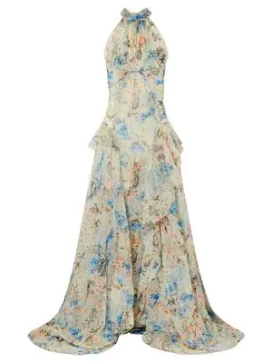 Alexander McQueen Floral-print Pleated Silk-organza Maxi Dress - Green