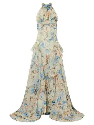 Alexander McQueen Floral-print Pleated Silk-organza Maxi Dress - Green