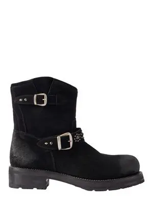 SECOND / LAYER 8" Rider Studded Suede Biker Boots - Black