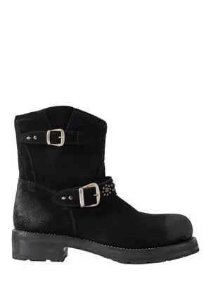SECOND / LAYER 8" Rider Studded Suede Biker Boots - Black
