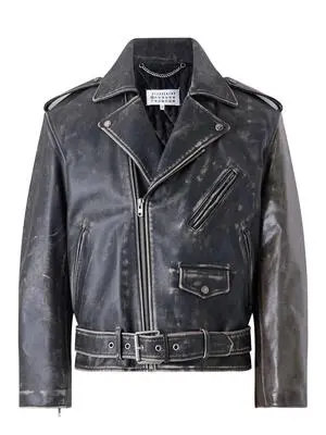 MAISON MARGIELA Belted Distressed Leather Biker Jacket - Brown