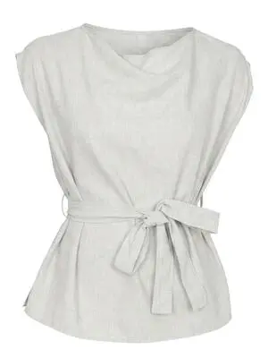 MODENAIRE Draped Neck Cap Sleeve Self Tie Waist Top - Grey