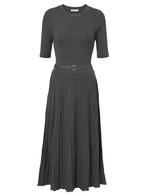 Veronica Beard Elthea Belted Ribbed-knit Midi Dress - Grey