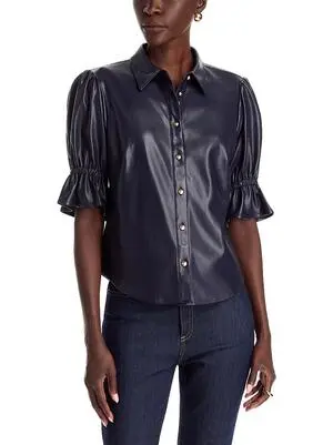 Cinq À Sept Fiona Lite Faux Leather Flare Cuff Top - Navy