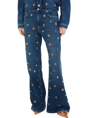 Farm Rio Gem Embellished High Rise Flare Jeans - Denim