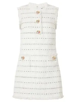 SELF-PORTRAIT Embellished Frayed Bouclé Mini Dress - White