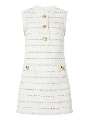SELF-PORTRAIT Embellished Frayed Bouclé Mini Dress - White