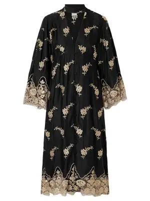 Loretta Caponi Floral-embroidered Lace-trimmed Satin Midi Dress - Black