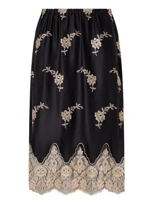 Loretta Caponi Lucinda Floral-embroidered Lace-trimmed Satin Midi Skirt - Black