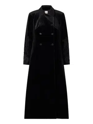 Loretta Caponi Rose Embroidered Velvet Coat - Black