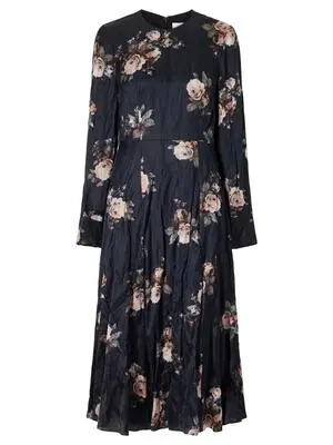 Erdem Floral-print Crinkled-satin Midi Dress - Black