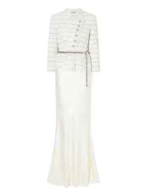 SELF-PORTRAIT Belted Satin And Bouclé Maxi Dress - White