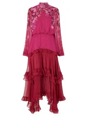 Saloni Jolie-c Asymmetric Tiered Floral-print Silk-georgette Maxi Dress - Pink