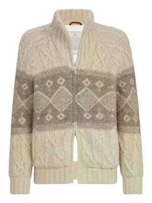 Brunello Cucinelli Virgin Wool, Silk And Cashmere Chiné Cable Knit Down Jacket With Intarsia - Neutrals