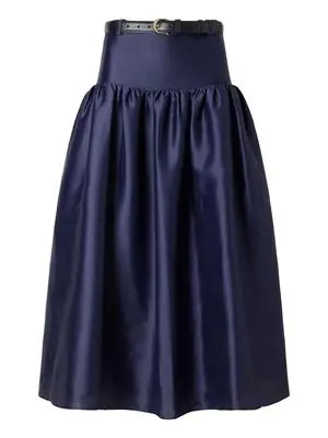 SELF-PORTRAIT Gathered Taffeta Midi Skirt - Navy