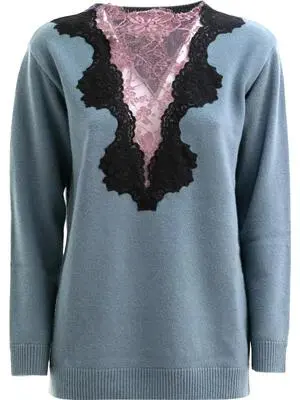 VALENTINO Wool Sweater With V-neck And Lace Inserts