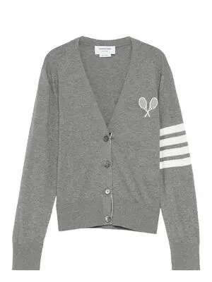 THOM BROWNE Tennis Racquets Intarsia Neck Cardigan 'light Grey'