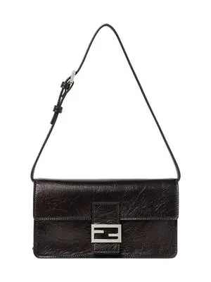 Fendi Leather Shoulder Wallet With Ff Baguette Metal Logo, 11.5 Cm X 21 Cm X 5.5 Cm, Six Card Slots - Nero