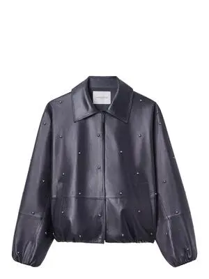 Lafayette 148 New York Studded Leather Bomber Jacket - Blue